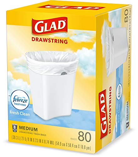 Glad Trash & Food Storage Medium Kitchen Drawstring Trash Bags 8 Gallon White Trash Bag, Fresh Clean Scent, 80 Count (Package May Vary)