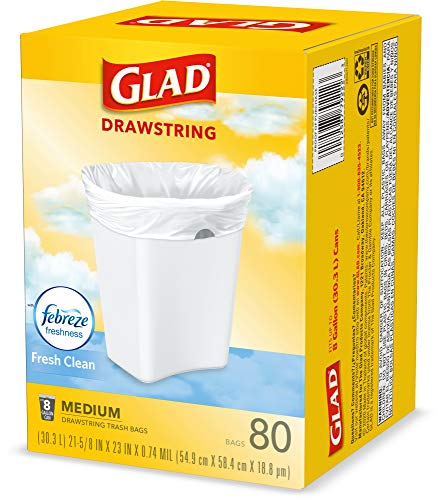 Glad Trash & Food Storage Medium Kitchen Drawstring Trash Bags 8 Gallon White Trash Bag, Fresh Clean Scent, 80 Count (Package May Vary)