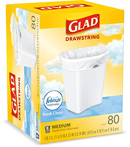 Glad Trash & Food Storage Medium Kitchen Drawstring Trash Bags 8 Gallon White Trash Bag, Fresh Clean Scent, 80 Count (Package May Vary)