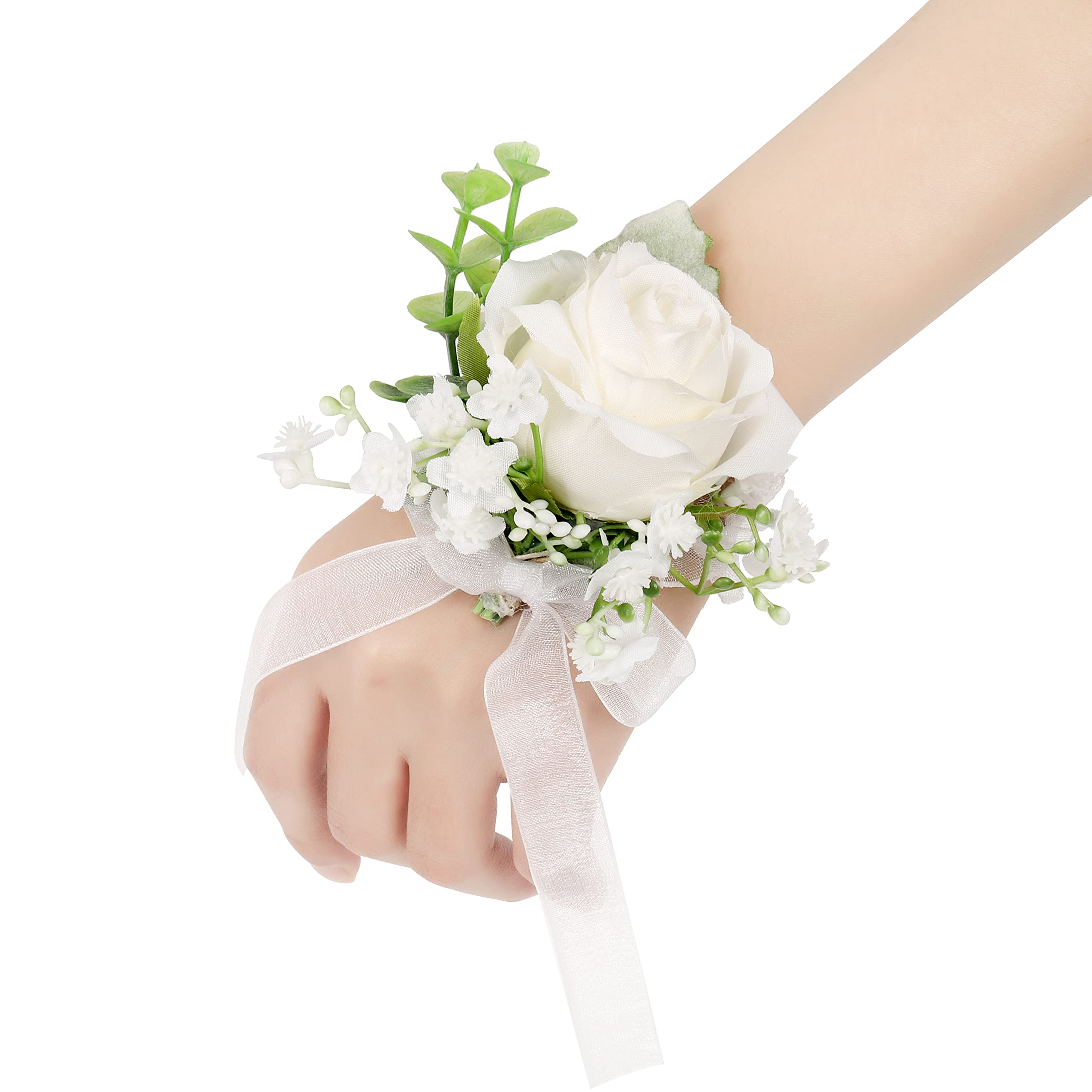 YSUCAU White Rose Wrist Corsages Wristlet Band Bracelet for Wedding,Set of 6, Ivory Eucalyptus Wrist Flower Wristband Hand Flower for Bride, Bridesmaid, Mother of Bride, Prom Party Decor