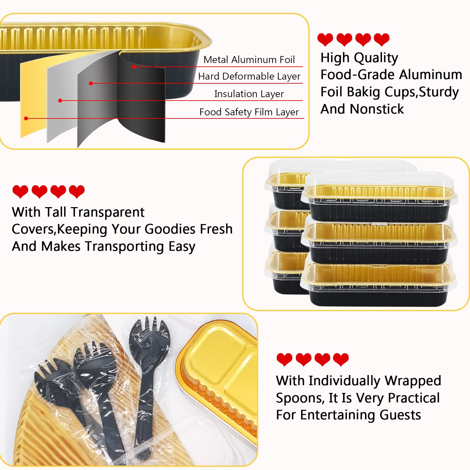 LNYZQUS Aluminum Foil Mini Loaf Pans with Lids 50 Pack, 6.8oz Rectangle Baking Cups Muffin Tins,Disposable Baking Tins Mini Baking Pans Holders -Black In Gold