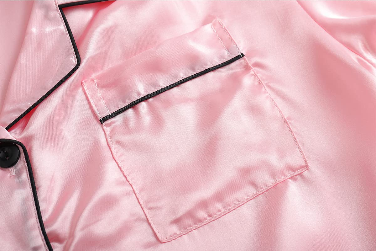 Vopmocld Big Kids Unisex Pjs Set Girls Boys Silk Pajama Sets Satin Clasic Sleepwear Summer 2 Pieces Button Down Nighty, Pink, 12