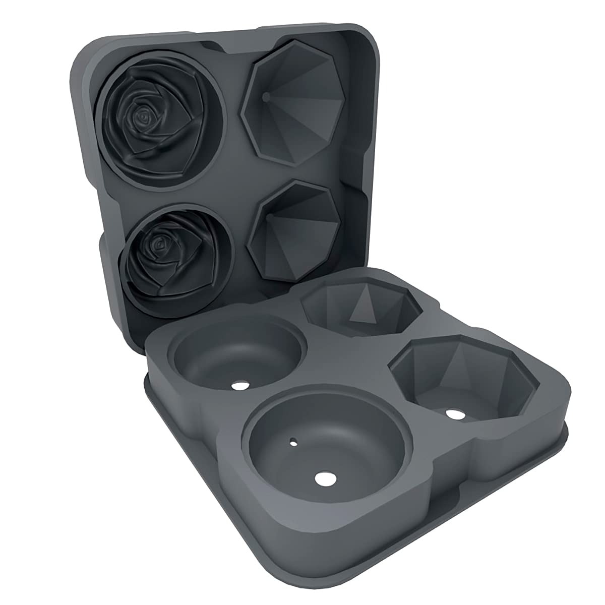 Ice Cube Tray, HANCELANT 2.5inch Ice Cube Molds, 2 Cavity Silicone Rose & 2 Diamond Ice Ball Maker, Easy Release Large Ice Cube Form for Chilling Cocktails, Whiskey, Bourbon & Homemade Juice (Gray)