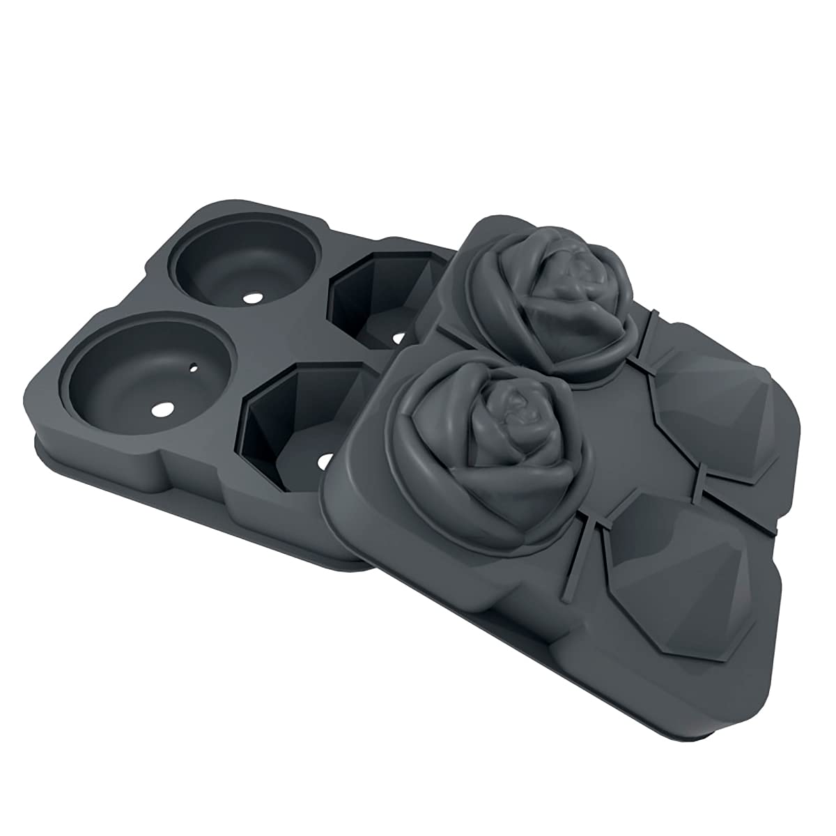 Ice Cube Tray, HANCELANT 2.5inch Ice Cube Molds, 2 Cavity Silicone Rose & 2 Diamond Ice Ball Maker, Easy Release Large Ice Cube Form for Chilling Cocktails, Whiskey, Bourbon & Homemade Juice (Gray)