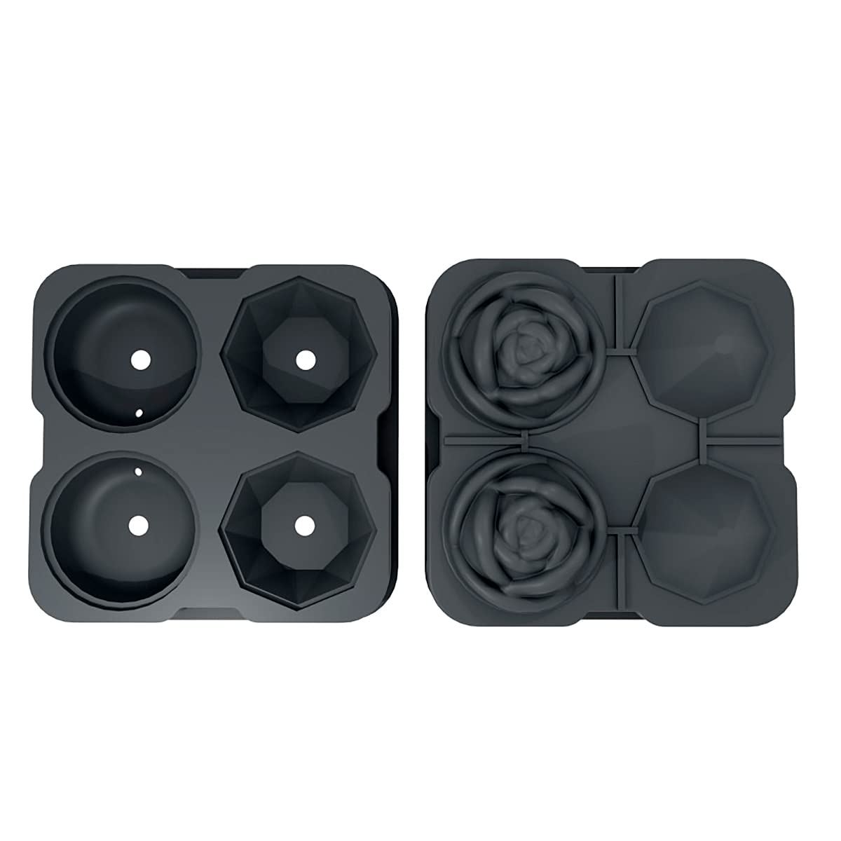 Ice Cube Tray, HANCELANT 2.5inch Ice Cube Molds, 2 Cavity Silicone Rose & 2 Diamond Ice Ball Maker, Easy Release Large Ice Cube Form for Chilling Cocktails, Whiskey, Bourbon & Homemade Juice (Gray)