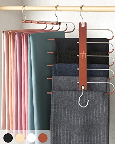 MORALVE Pants Hangers Space Saving - 2 Pack Wood Scarf Hangers for Closet Organizer - Jean Hangers Scarf Holder Closet Space Saving Hangers - Pants Rack Leggings Hanger Space Saver Closet Organization