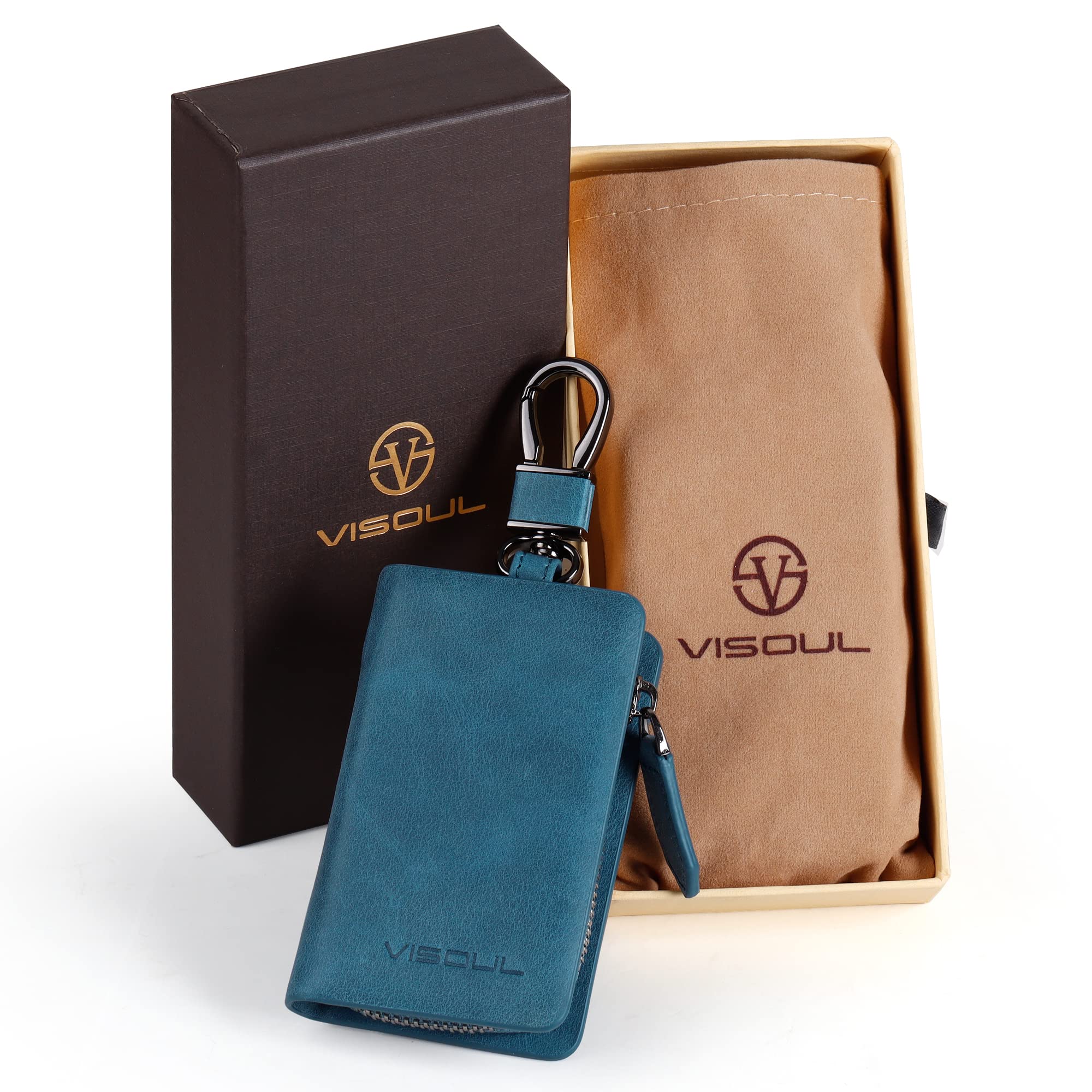 VISOUL Leather Car Key Fob Case Holder for Men and Women, Smart Keychain Protector with Metal Hook and Keyring, Zipper Case for House Keys (D01-Blue)