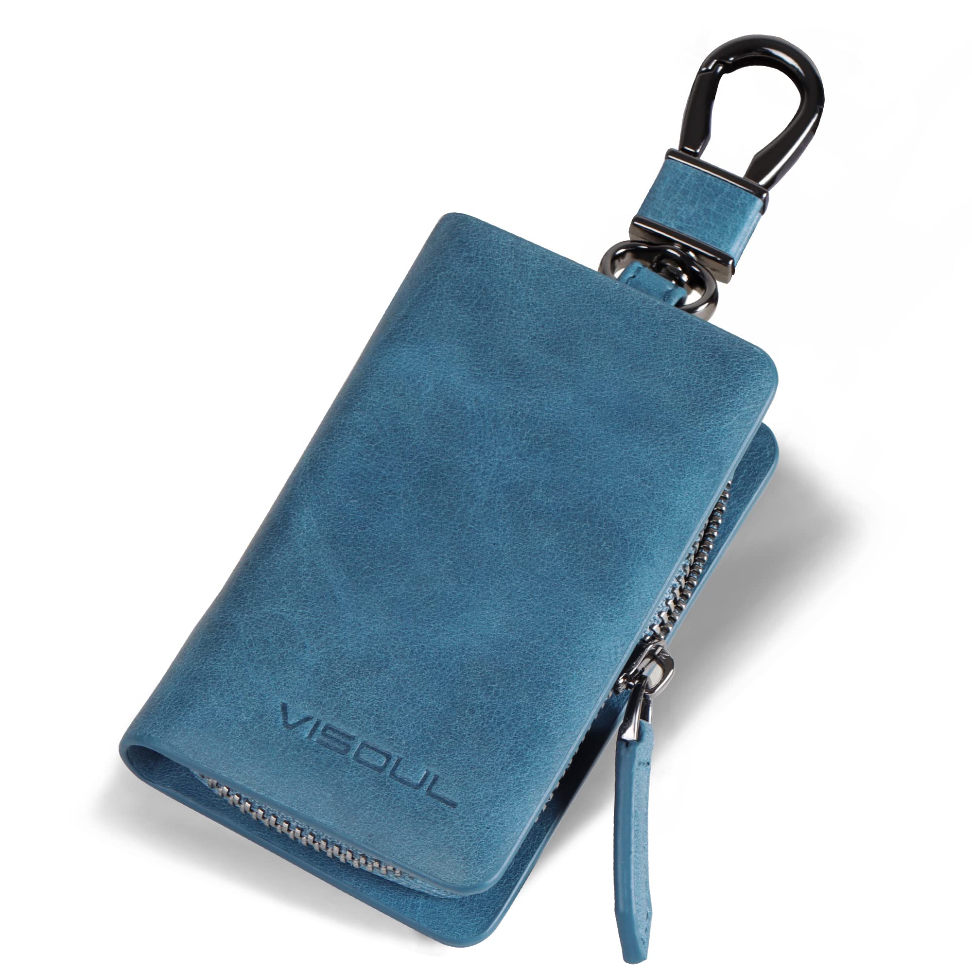 VISOUL Leather Car Key Fob Case Holder for Men and Women, Smart Keychain Protector with Metal Hook and Keyring, Zipper Case for House Keys (D01-Blue)