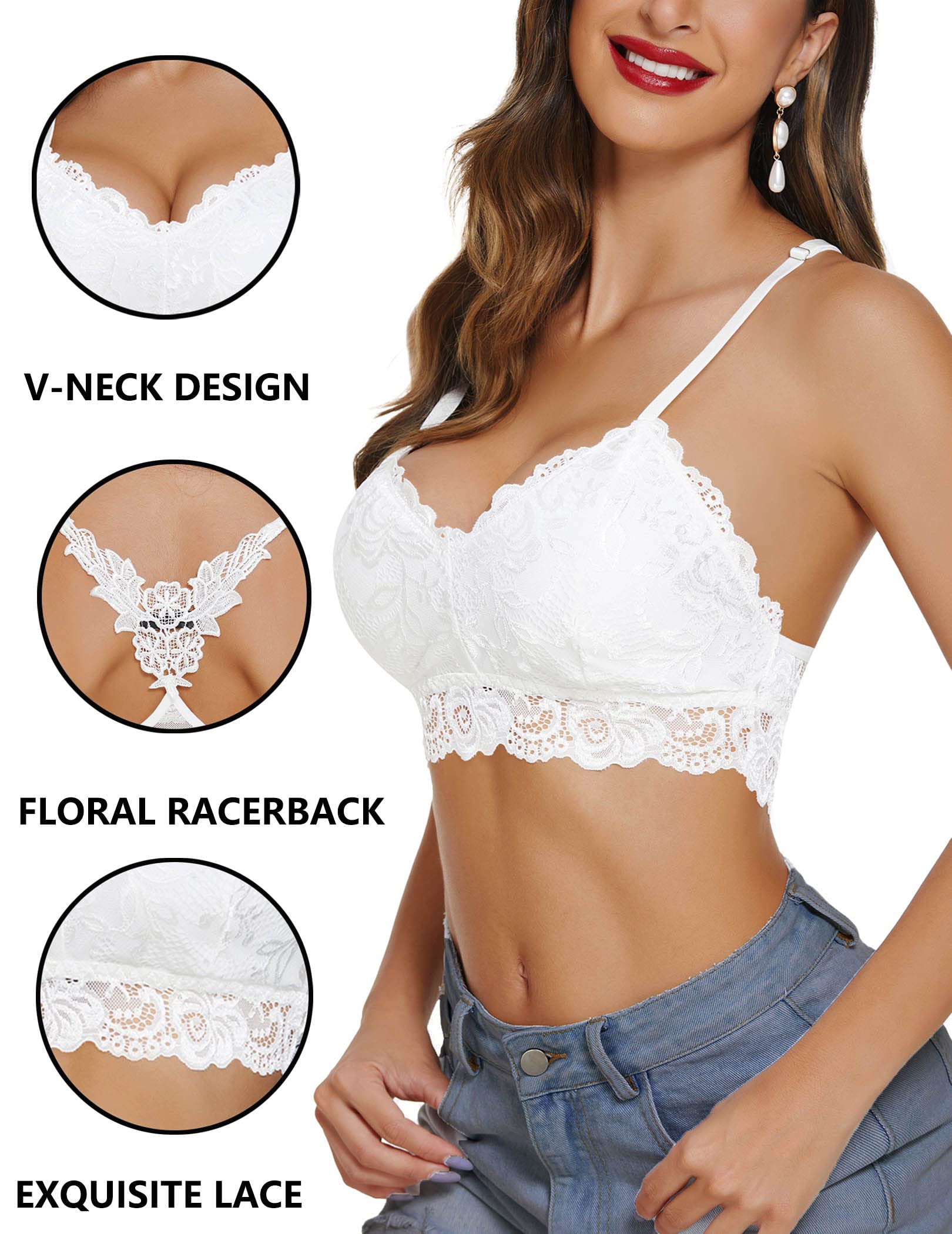 Avidlove Lace Bralettes for Women V Neck Floral Camisoles Cropped Sexy Cami Top with Pads White, M