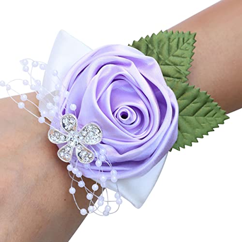 6piece Wrist Corsages Flower with Pearl Beads Diamond Satin Rose Elastic Band Wrist Bracelet Flowers Wedding Party Item (Lilac)