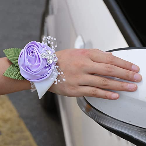 6piece Wrist Corsages Flower with Pearl Beads Diamond Satin Rose Elastic Band Wrist Bracelet Flowers Wedding Party Item (Lilac)
