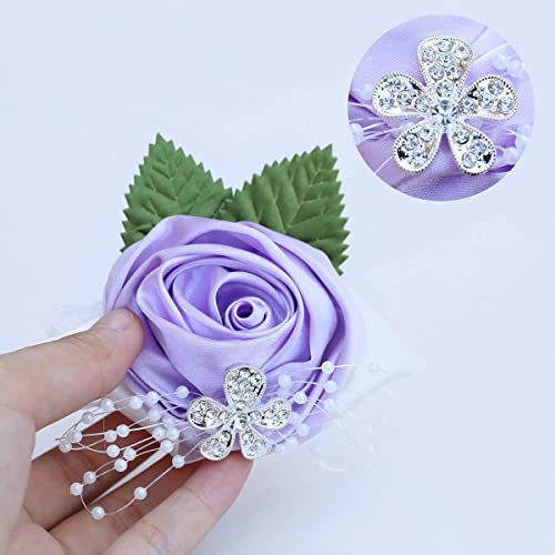 6piece Wrist Corsages Flower with Pearl Beads Diamond Satin Rose Elastic Band Wrist Bracelet Flowers Wedding Party Item (Lilac)