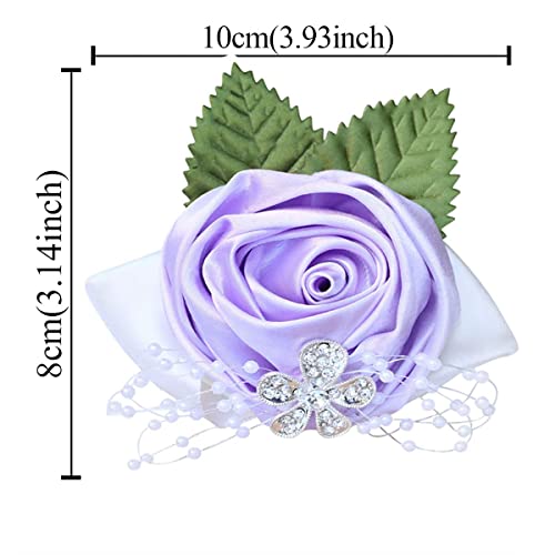 6piece Wrist Corsages Flower with Pearl Beads Diamond Satin Rose Elastic Band Wrist Bracelet Flowers Wedding Party Item (Lilac)