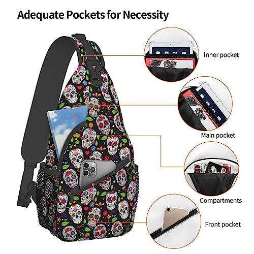 qyopvli Sugar Skull Sling Bag Crossbody Backpack Hiking Travel Daypack Chest Bag Lightweight Shoulder Bag For Women Men