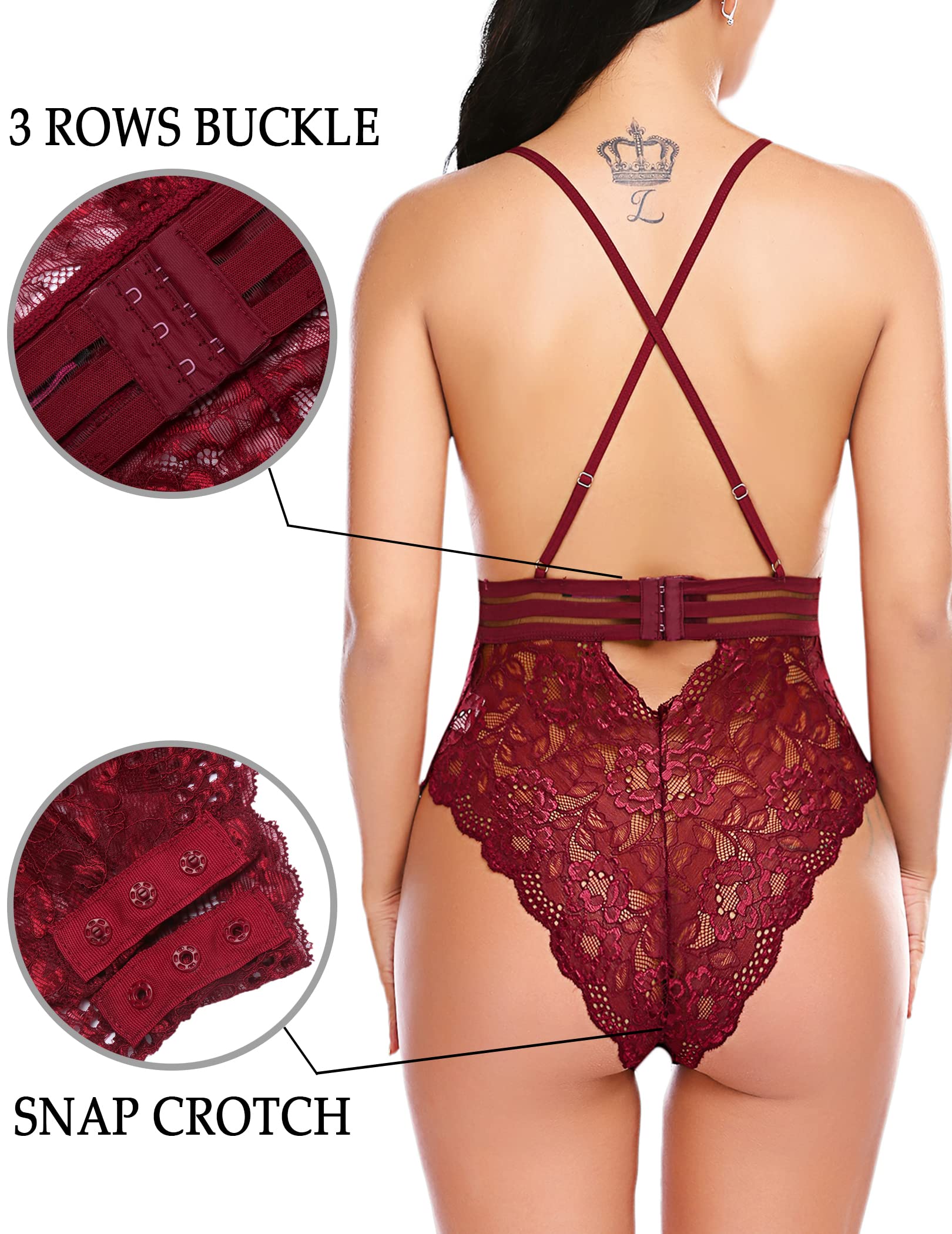 Avidlove Women Teddy Lingerie Snap Crotch Lingerie One Piece Lace Babydoll Mini Bodysuit Wine Red 4X-Large