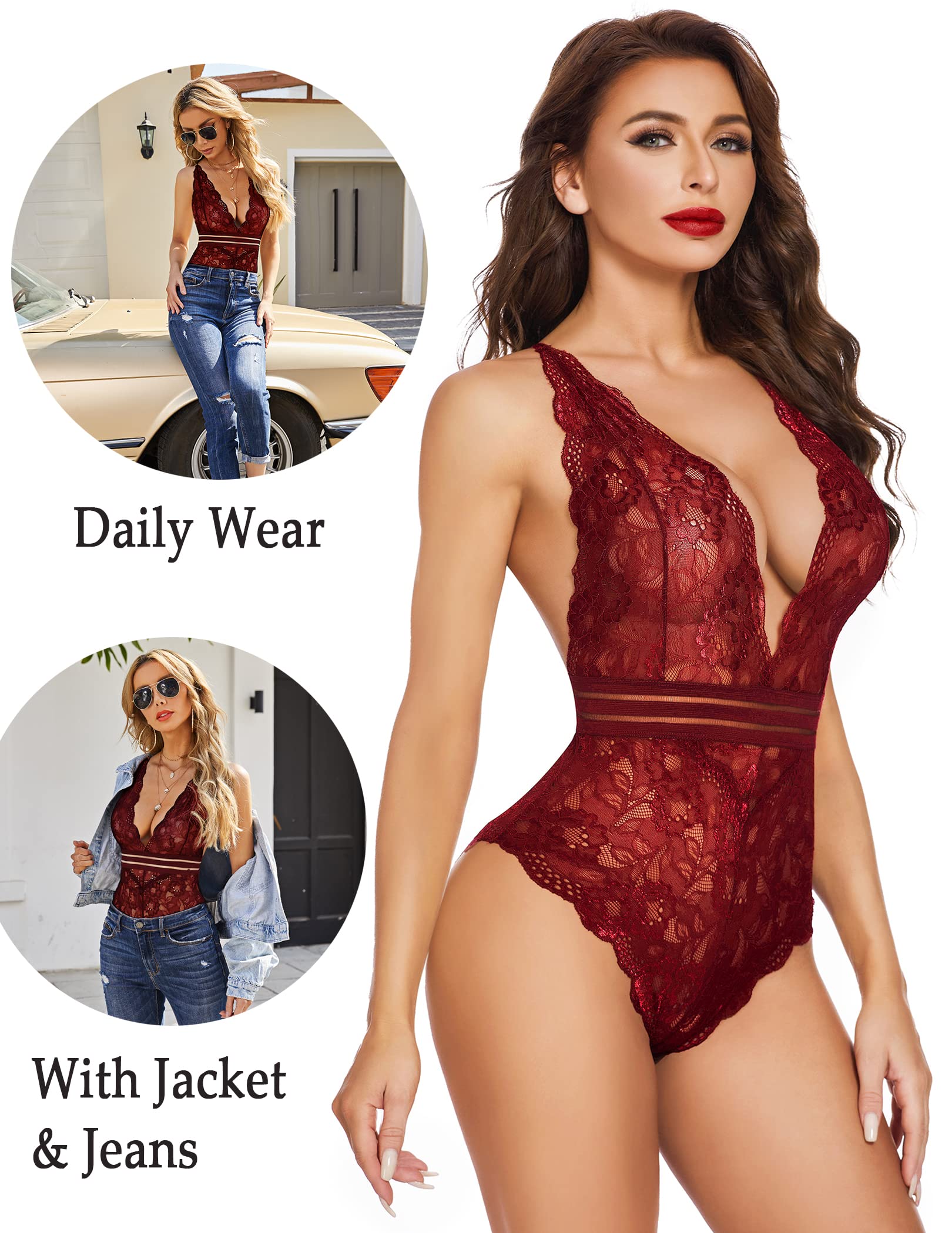 Avidlove Women Teddy Lingerie Snap Crotch Lingerie One Piece Lace Babydoll Mini Bodysuit Wine Red 4X-Large