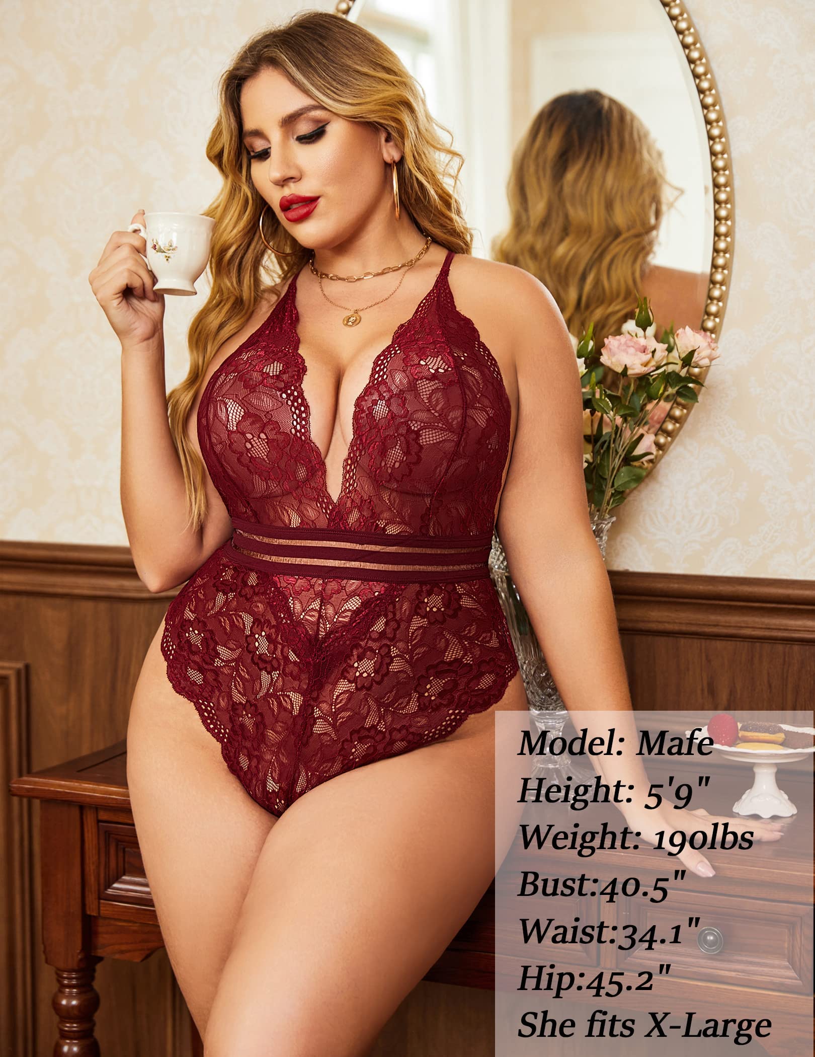 Avidlove Women Teddy Lingerie Snap Crotch Lingerie One Piece Lace Babydoll Mini Bodysuit Wine Red 4X-Large