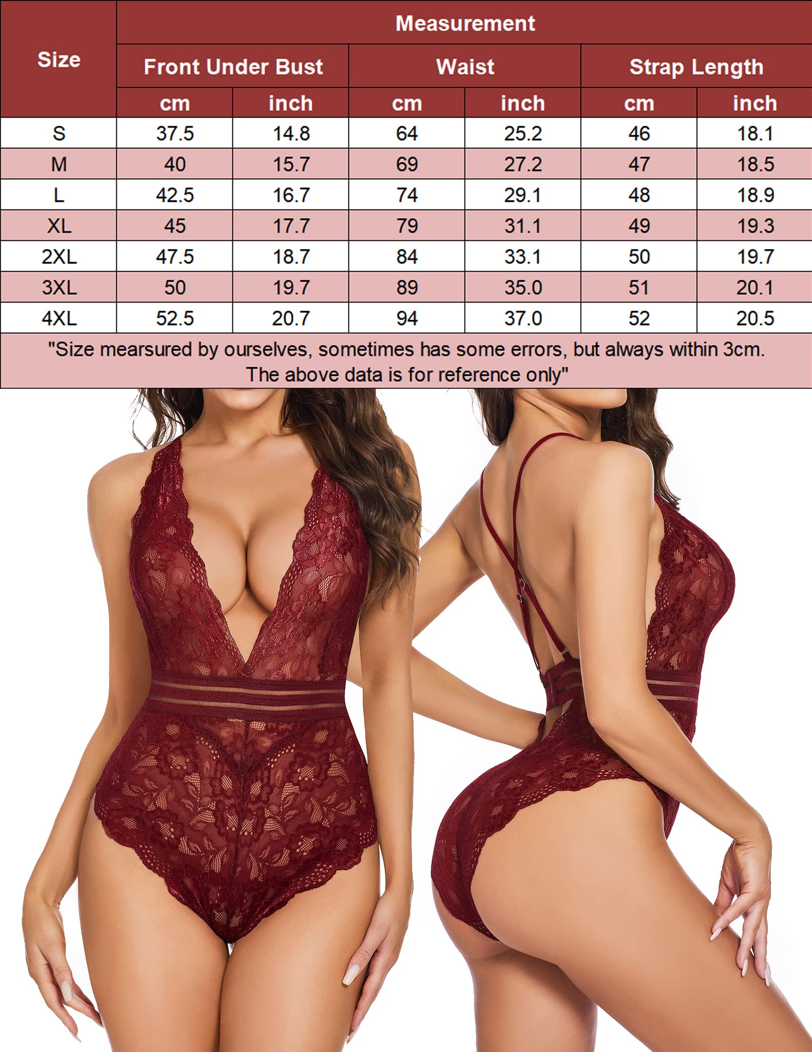 Avidlove Women Teddy Lingerie Snap Crotch Lingerie One Piece Lace Babydoll Mini Bodysuit Wine Red 4X-Large