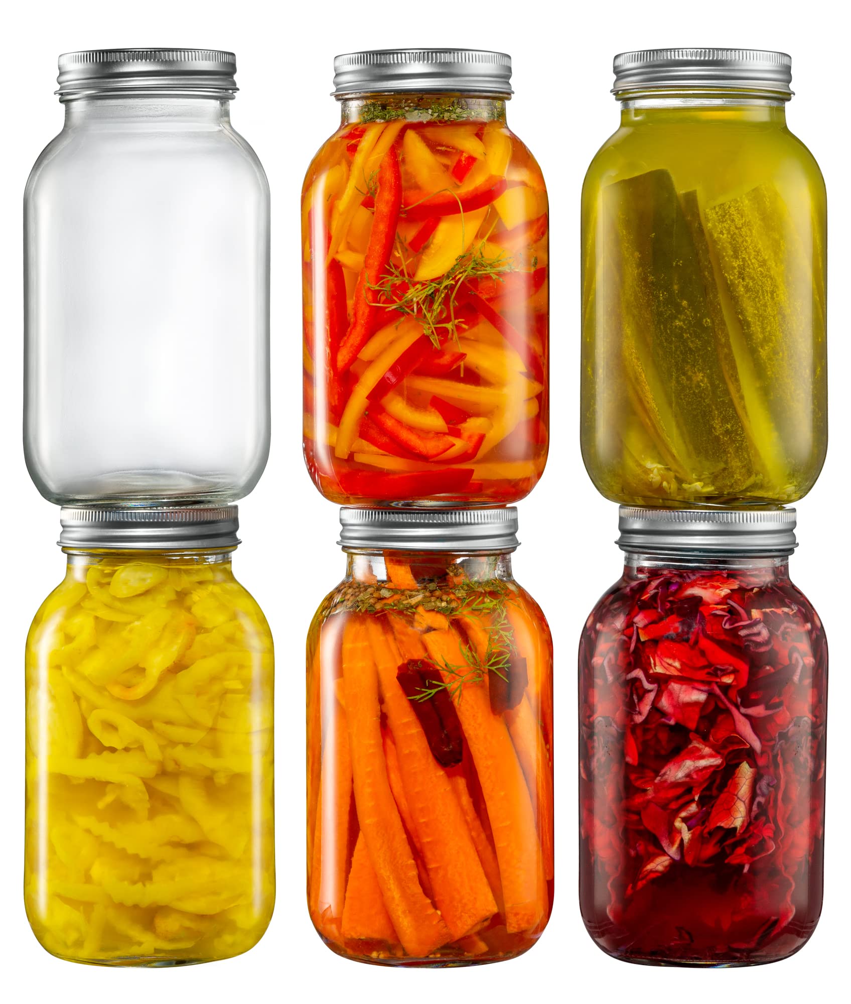 [6 Pack] 32 oz. Regular-Mouth Glass Mason Jars - with Metal Airtight Lids and Bands 1 quart Large for Canning, Preserving, & Meal Prep