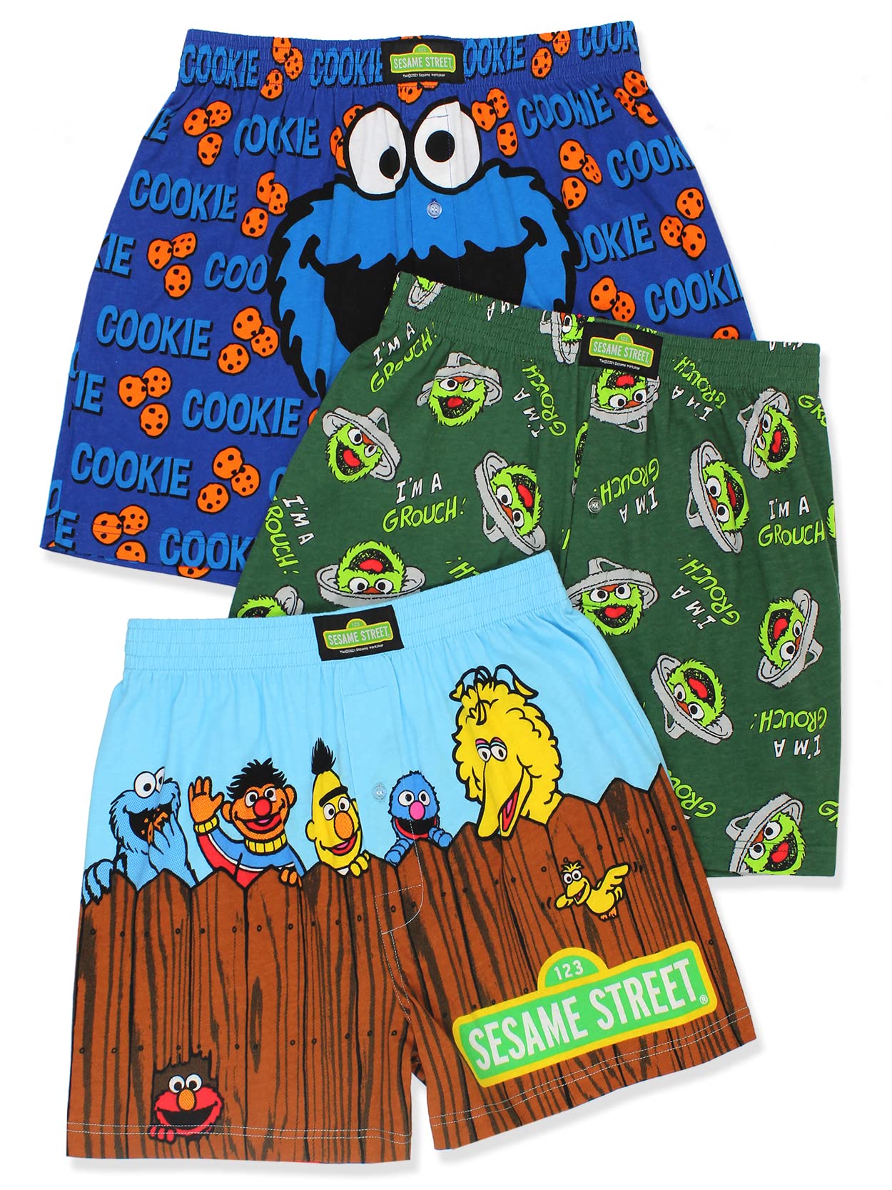 Sesame Street Elmo Cookie Monster Men's Button Fly Boxer Lounge Shorts (Medium, Multicolor)