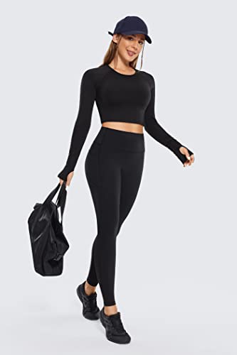 VANTONIA Women's Seamless Long Sleeve Crop Top Cute Workout Yoga Top Breathable Sports Running Gym Shirts with Thumb Holes Dark Black Marl X-Large