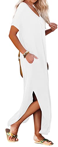 GRECERELLE Casual Summer Dresses Women Sexy Deep V Long Maxi Dress Short Sleeve Button Down Split Beach Dress with Pockets
