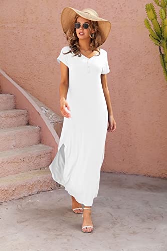GRECERELLE Casual Summer Dresses Women Sexy Deep V Long Maxi Dress Short Sleeve Button Down Split Beach Dress with Pockets