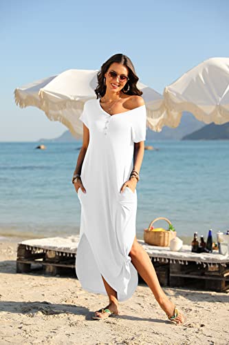 GRECERELLE Casual Summer Dresses Women Sexy Deep V Long Maxi Dress Short Sleeve Button Down Split Beach Dress with Pockets