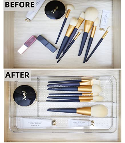 KIKILIE 2 Pack Clear Kitchen Drawer Organizer, Acrylic Transparent Divided Organizers for Utensils Silverware Makeup, Dresser Organizer with 4 Sections, Divider Flatware Tray