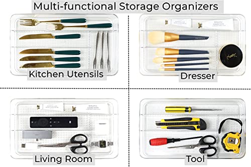 KIKILIE 2 Pack Clear Kitchen Drawer Organizer, Acrylic Transparent Divided Organizers for Utensils Silverware Makeup, Dresser Organizer with 4 Sections, Divider Flatware Tray
