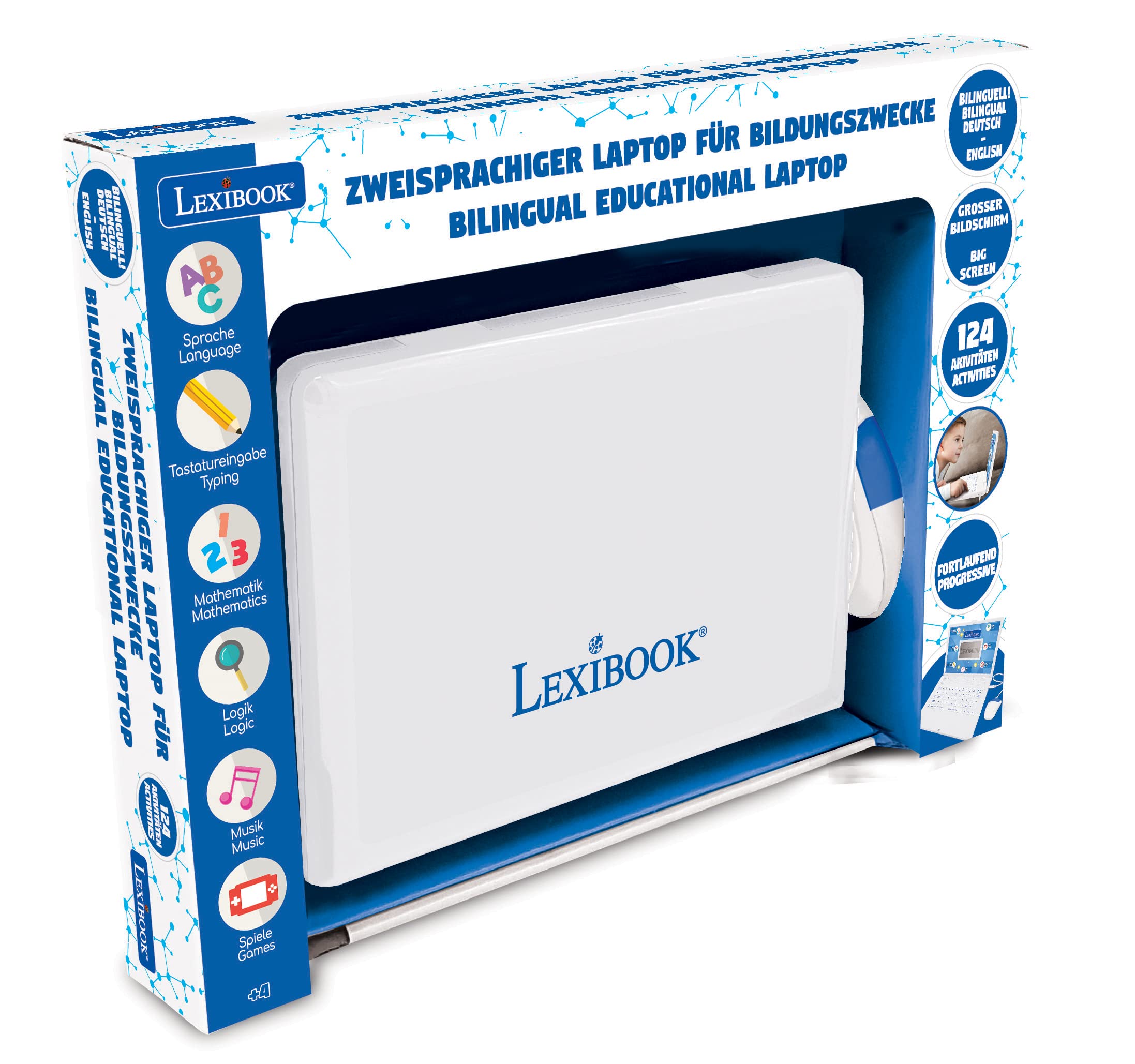 LEXIBOOK JC598i3 Educational and Bilingual Laptop German/English-Toy with 124 Activities to Learn, Play Games and Music-Blue/White