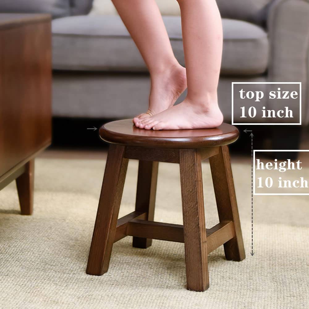 XDSTOOL Solid Wood Stool 10 inch Wooden Stool for Kids Small Short Stool Shoe Changing Step Stool Round (Brown Round)