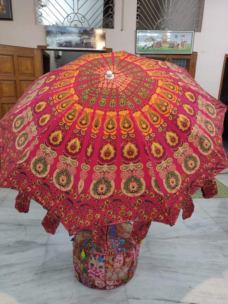 Indian Hippie Flower Embroidery Garden Umbrella Parasols, Beautiful Beach Sun Shade, Lawn Coffee Table Decorative Party Wedding Theme Decorative Parasol Large Garden Umbrella 72" (Red)