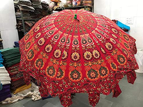 Indian Hippie Flower Embroidery Garden Umbrella Parasols, Beautiful Beach Sun Shade, Lawn Coffee Table Decorative Party Wedding Theme Decorative Parasol Large Garden Umbrella 72" (Red)