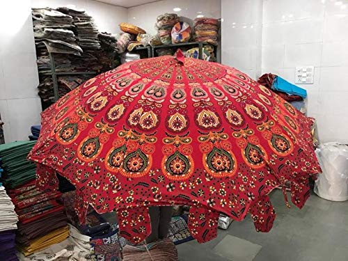 Indian Hippie Flower Embroidery Garden Umbrella Parasols, Beautiful Beach Sun Shade, Lawn Coffee Table Decorative Party Wedding Theme Decorative Parasol Large Garden Umbrella 72" (Red)