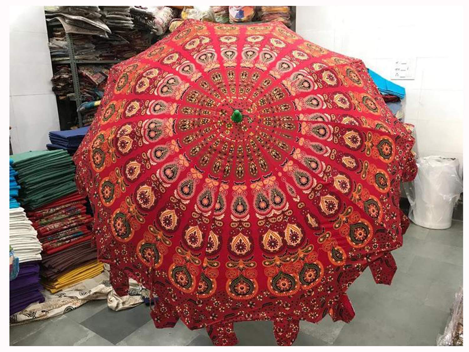 Indian Hippie Flower Embroidery Garden Umbrella Parasols, Beautiful Beach Sun Shade, Lawn Coffee Table Decorative Party Wedding Theme Decorative Parasol Large Garden Umbrella 72" (Red)