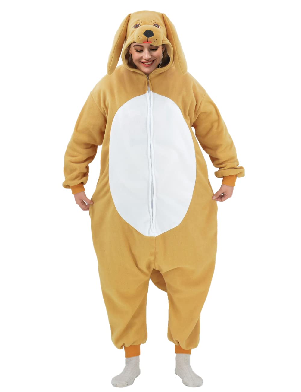 vavalad Adult Golden Dog Retriever Onesie Costume Pajamas Cosplay One Piece Pajamas Jumpsuit Hooded Romper for Women men
