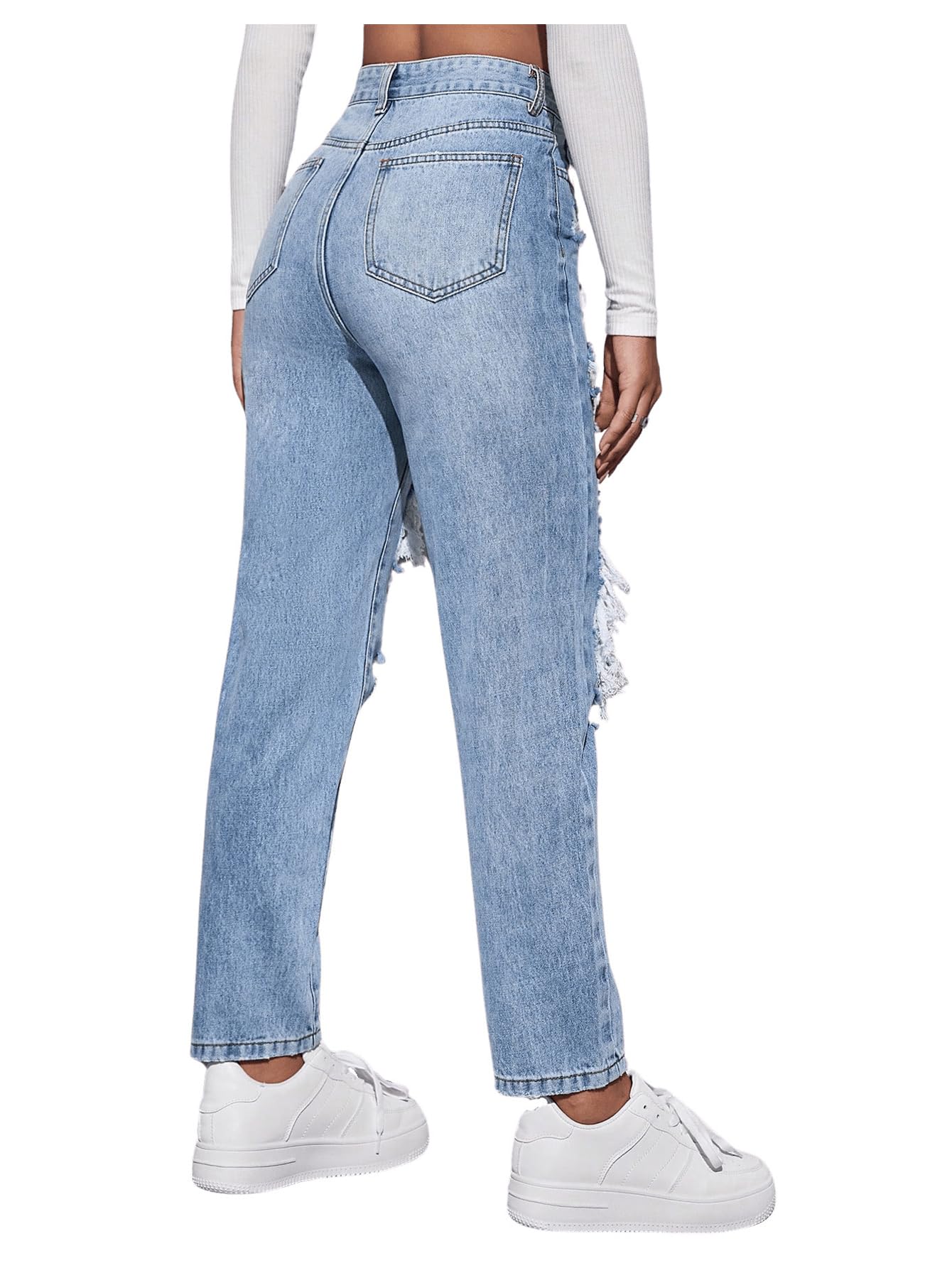 MakeMeChic Women's High Waist Straight Leg Ripped Jeans Distressed Denim Pants Light Wash2 L