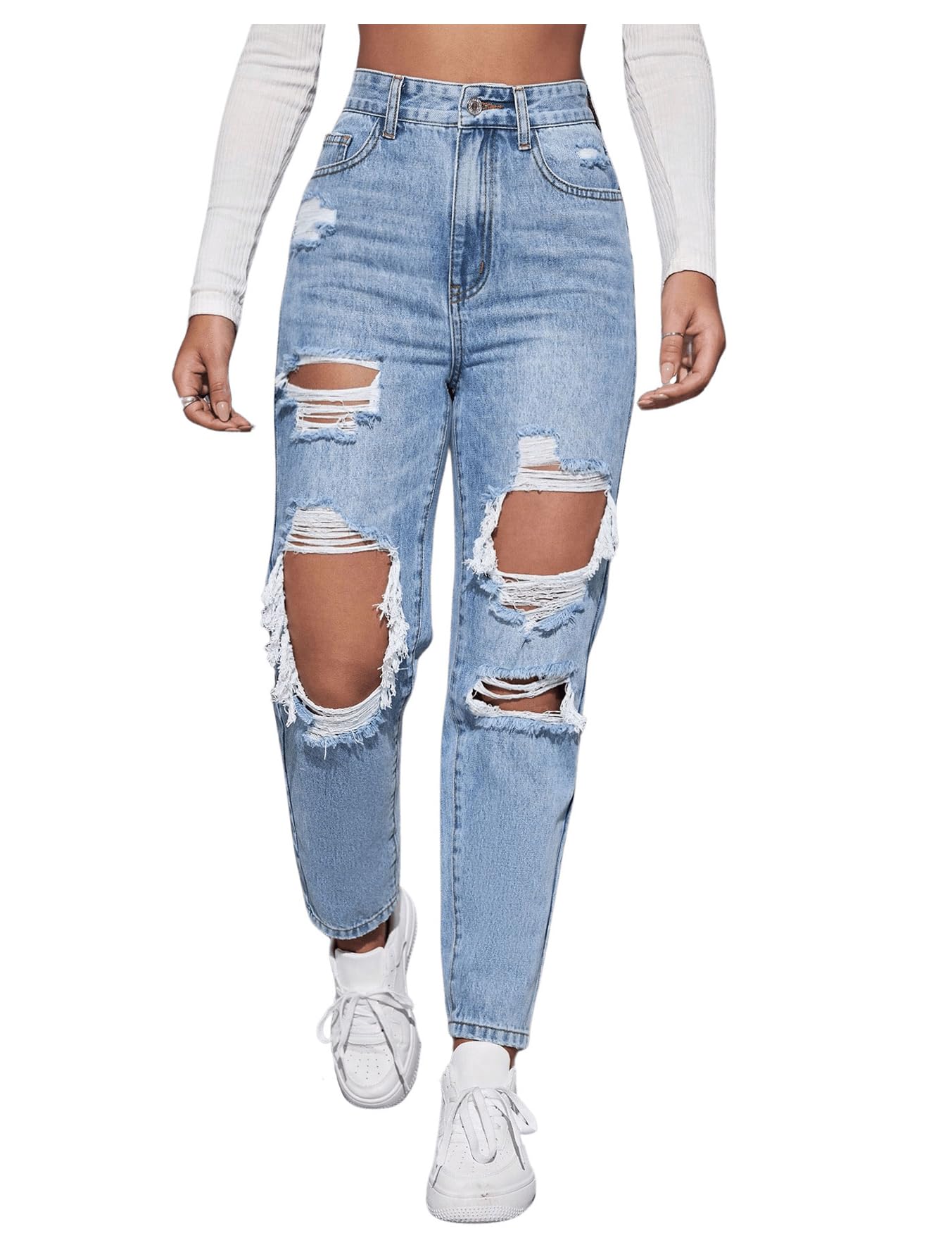 MakeMeChic Women's High Waist Straight Leg Ripped Jeans Distressed Denim Pants Light Wash2 L
