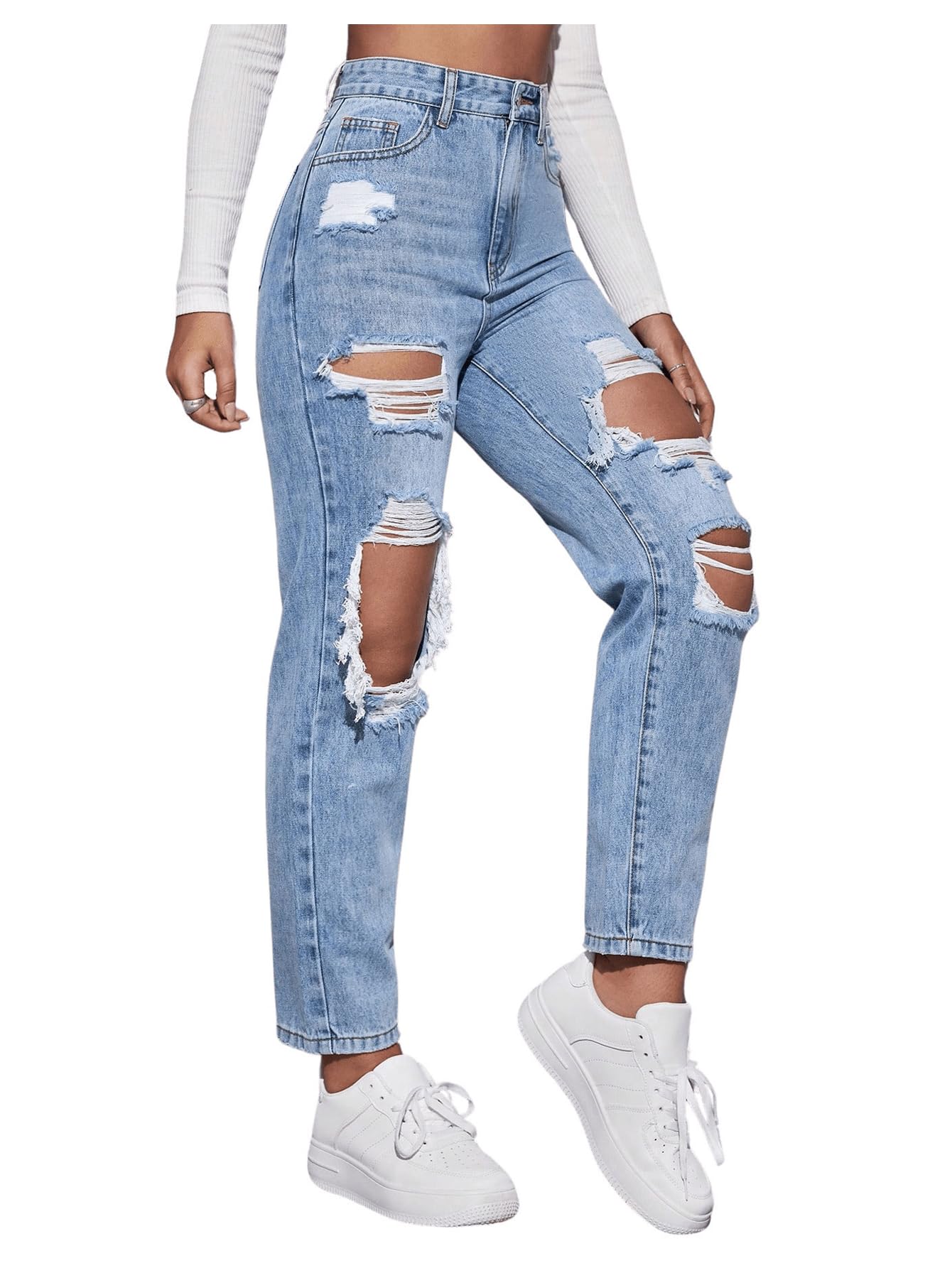 MakeMeChic Women's High Waist Straight Leg Ripped Jeans Distressed Denim Pants Light Wash2 L