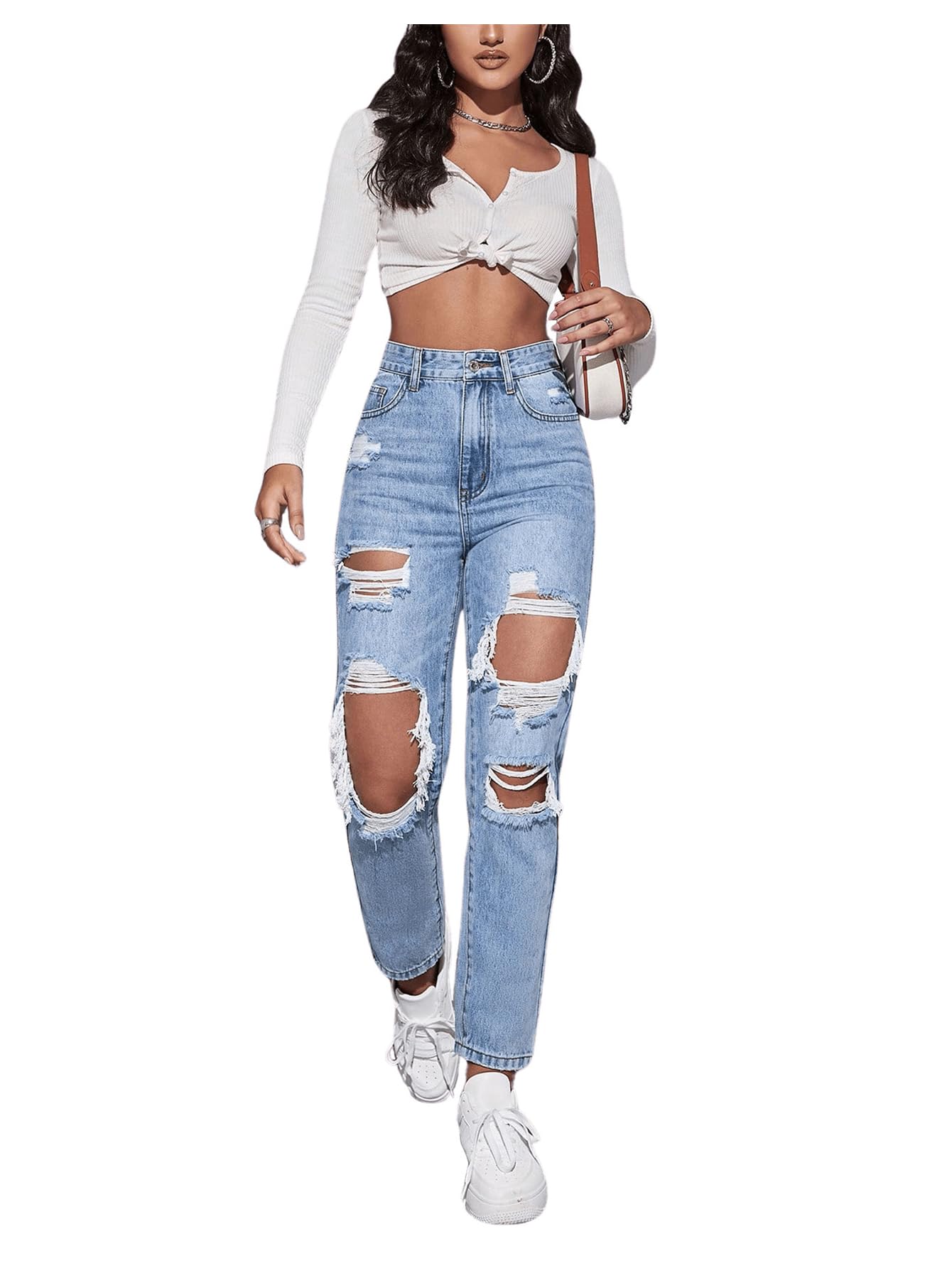 MakeMeChic Women's High Waist Straight Leg Ripped Jeans Distressed Denim Pants Light Wash2 L