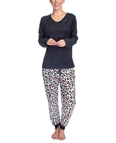 Hanes Women's Cozy Up Jogger 2 Piece Set Top and Jogger Pajamas, Black/Leopard, X-Large