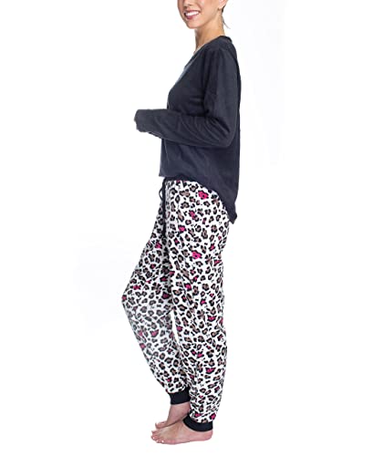 Hanes Women's Cozy Up Jogger 2 Piece Set Top and Jogger Pajamas, Black/Leopard, X-Large