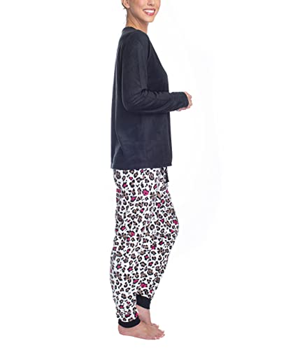 Hanes Women's Cozy Up Jogger 2 Piece Set Top and Jogger Pajamas, Black/Leopard, X-Large