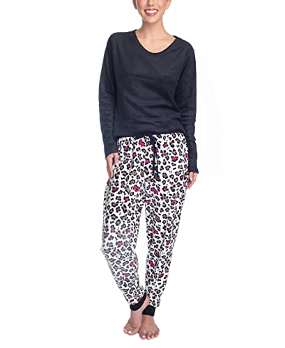 Hanes Women's Cozy Up Jogger 2 Piece Set Top and Jogger Pajamas, Black/Leopard, X-Large