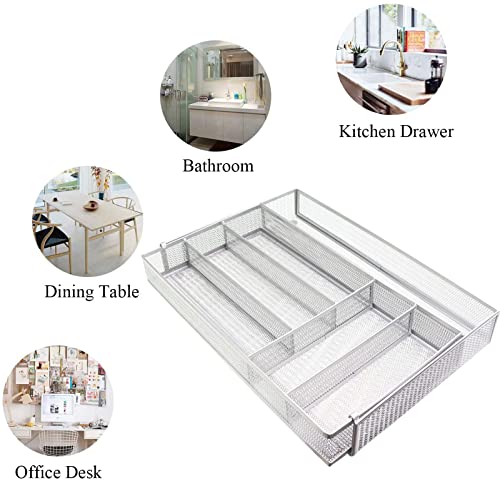 YDYBY Mesh Silverware Tray for Drawer, Expandable Flatware Organizer - Cutlery Holder 6 Compartment Mesh Small Cutlery Tray - Silverware Storage Kitchen Utensil Flatware Tray,Silver