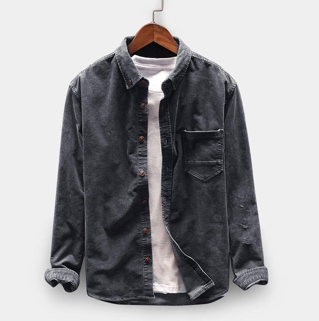 Men's Retro Corduroy Shirt Long Sleeve Button Down Jackets Big and Tall Flannel Warm Shirts Regular Fit Plain Tops M-3XL