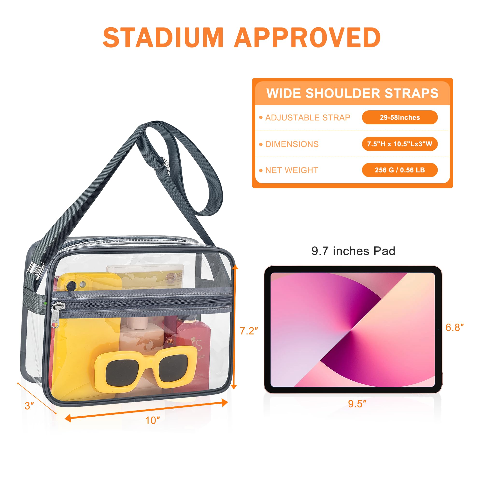 MAY TREE Clear Bag for Stadium Events Clear Messenger Bag Suitable for Concert and Sports Events, Grey-Large