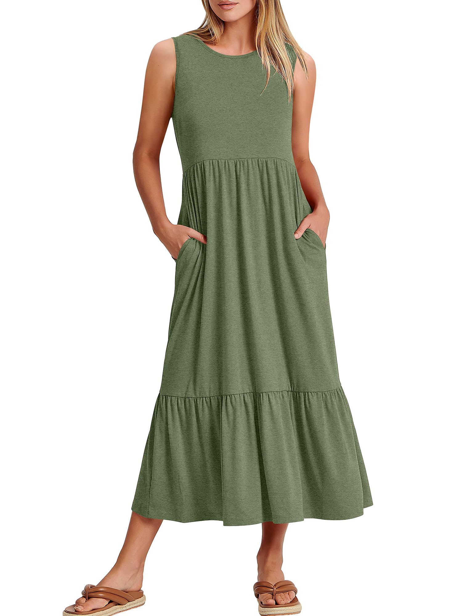 ANRABESS Women Summer Casual Sleeveless Crewneck Sundress Aline Flowy Tiered Maxi Long Beach Dress Vacation Outfits Large Green