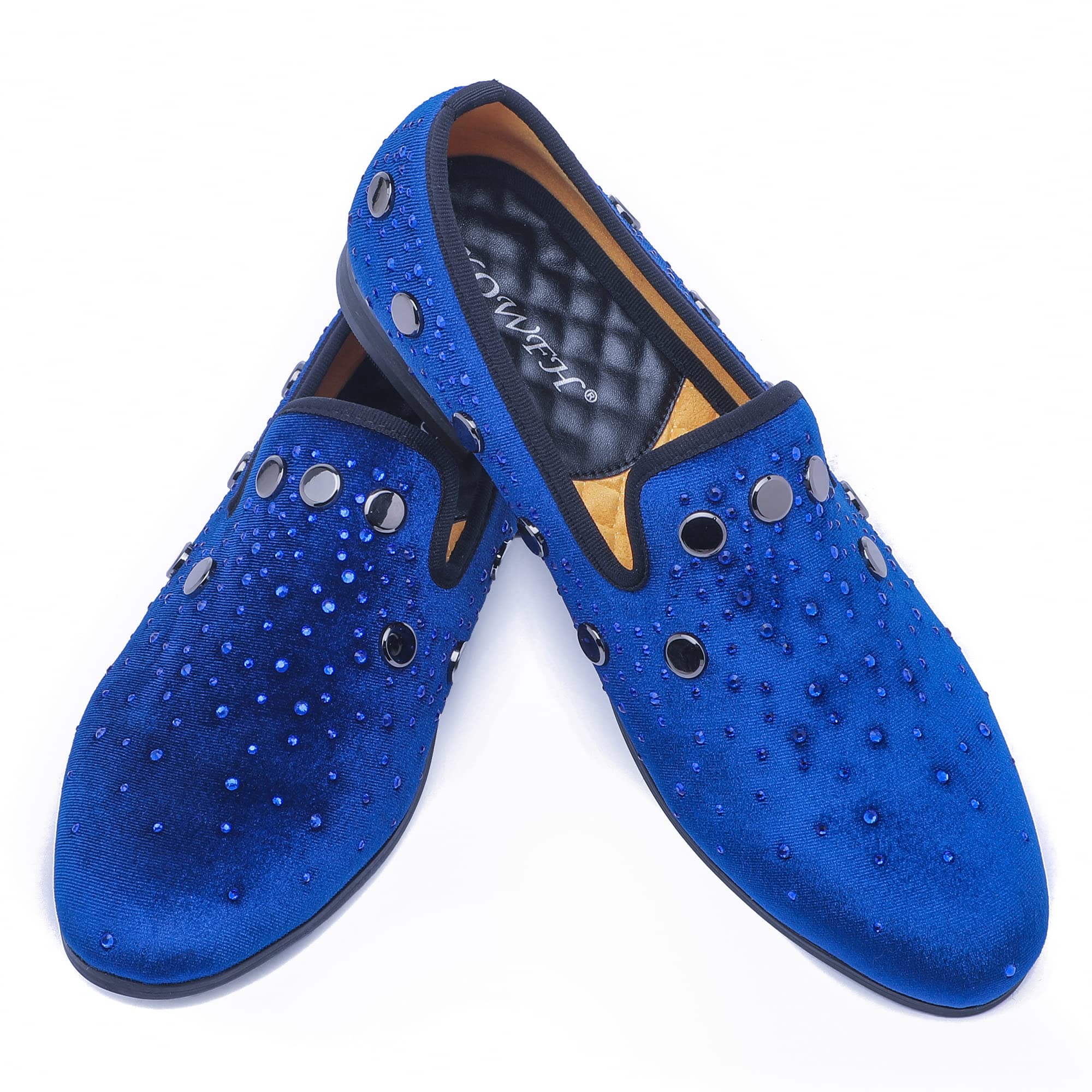 XQWFH Mens Velvet Rhinestone Designer Dress Loafers for Wedding Party Penny Slip-On Glitter Fashion Tuxedo Shoes (Blue)